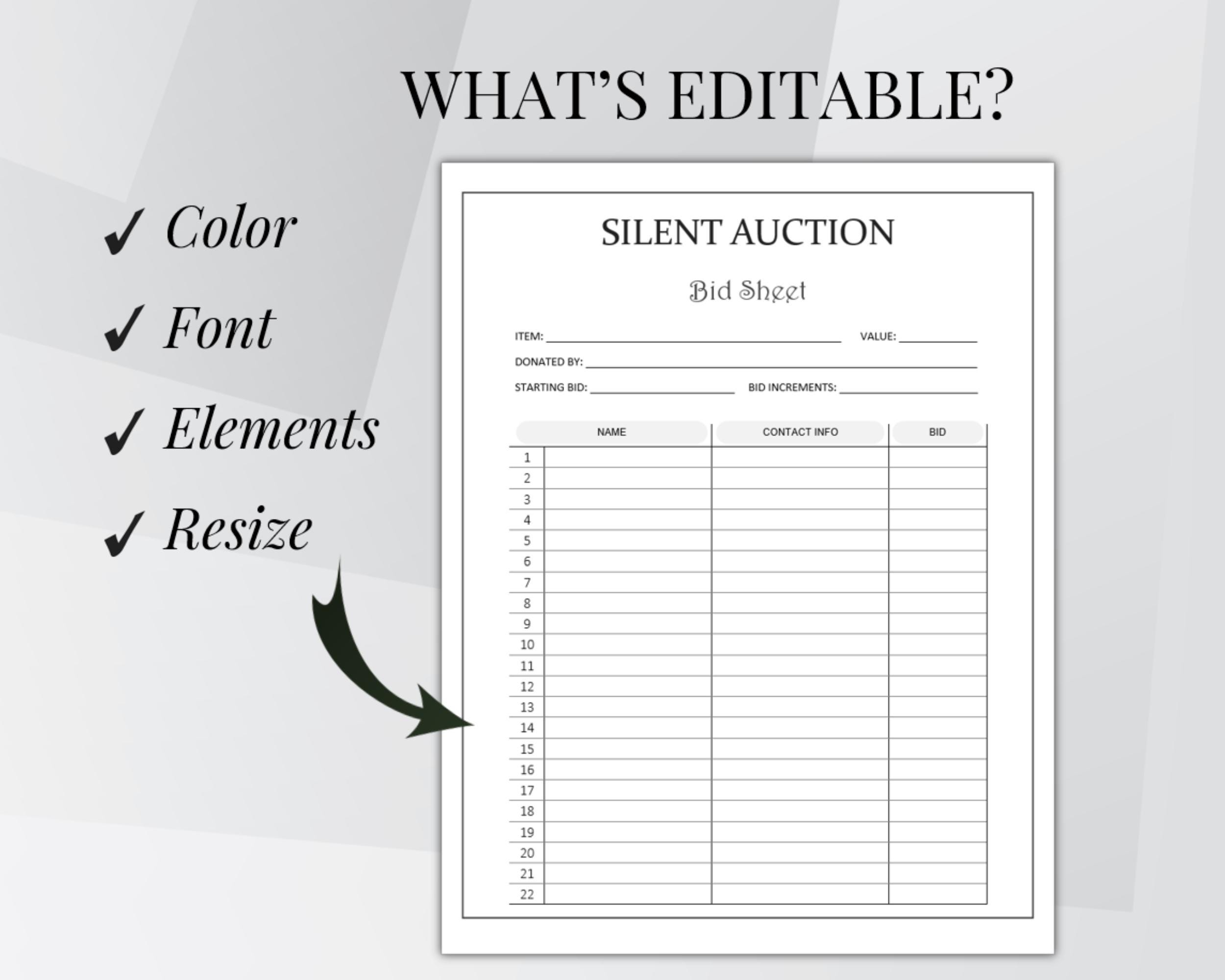 Silent Auction Sign up Sheet, Silent Auction Bid Sheet Template ...