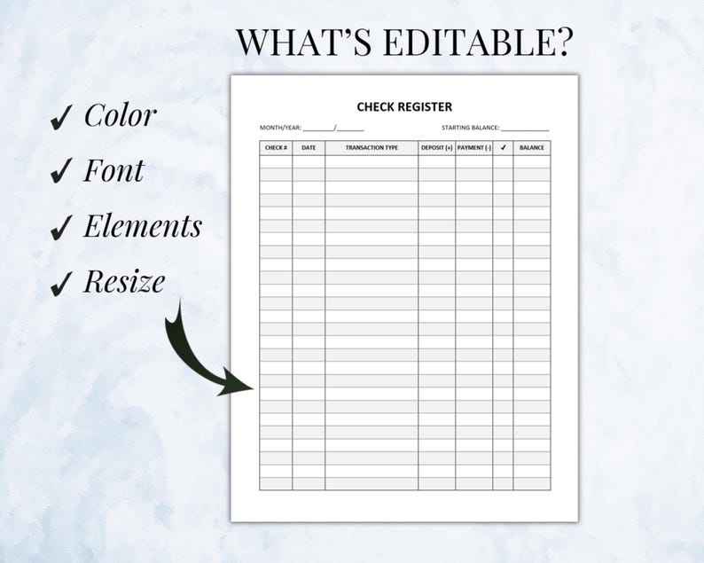 Checkbook Register Printable MS Word & PDF, Finance Record Tracker ...
