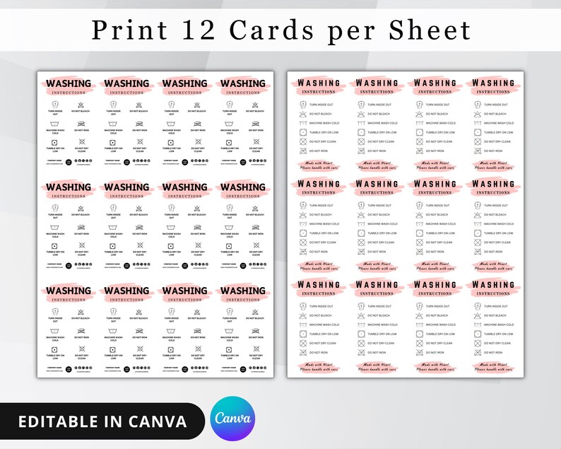 Editable Washing Instructions Card Template, Printable Clothing Care ...