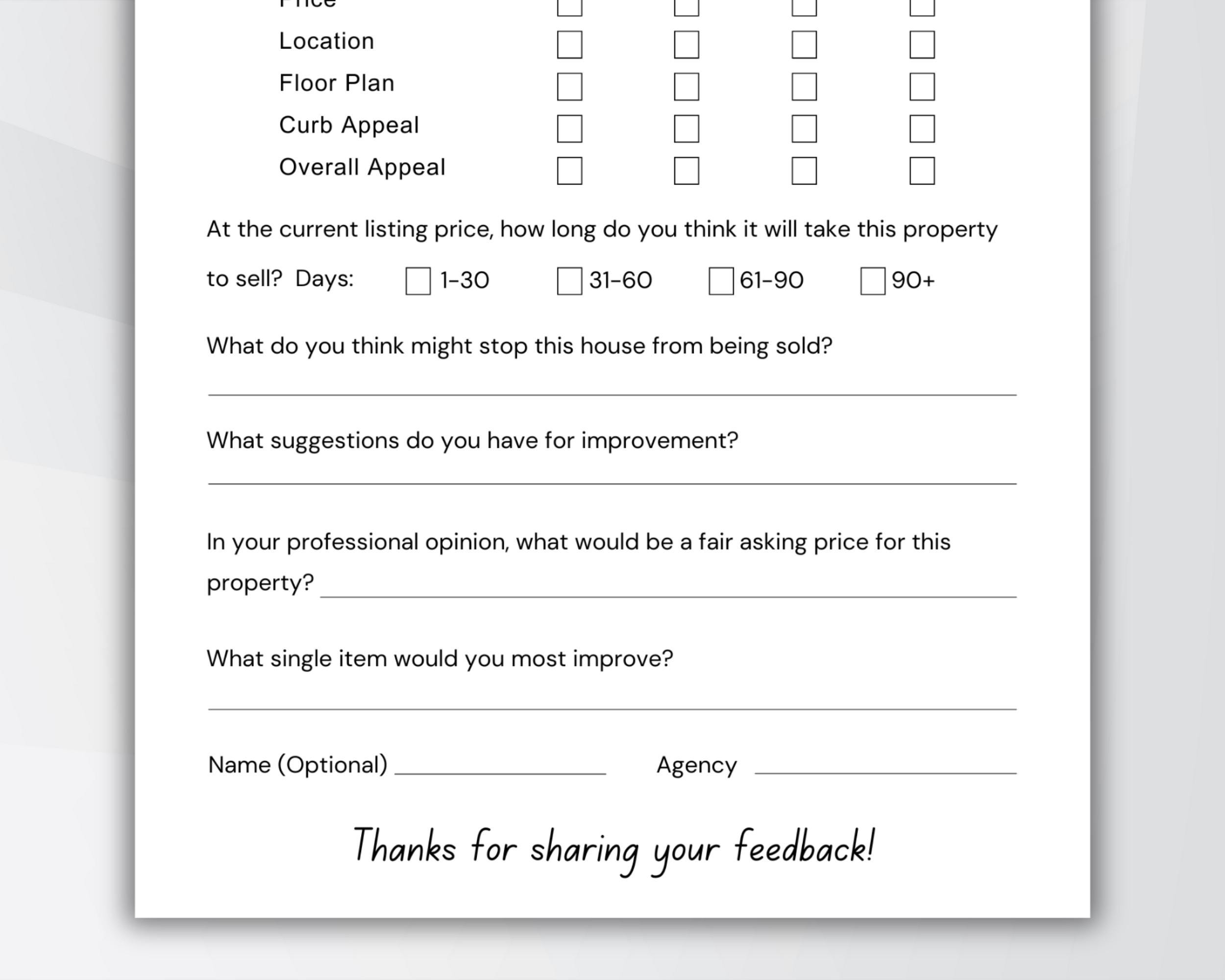 Broker Open Feedback Form Editable, Real Estate Agent Open House ...