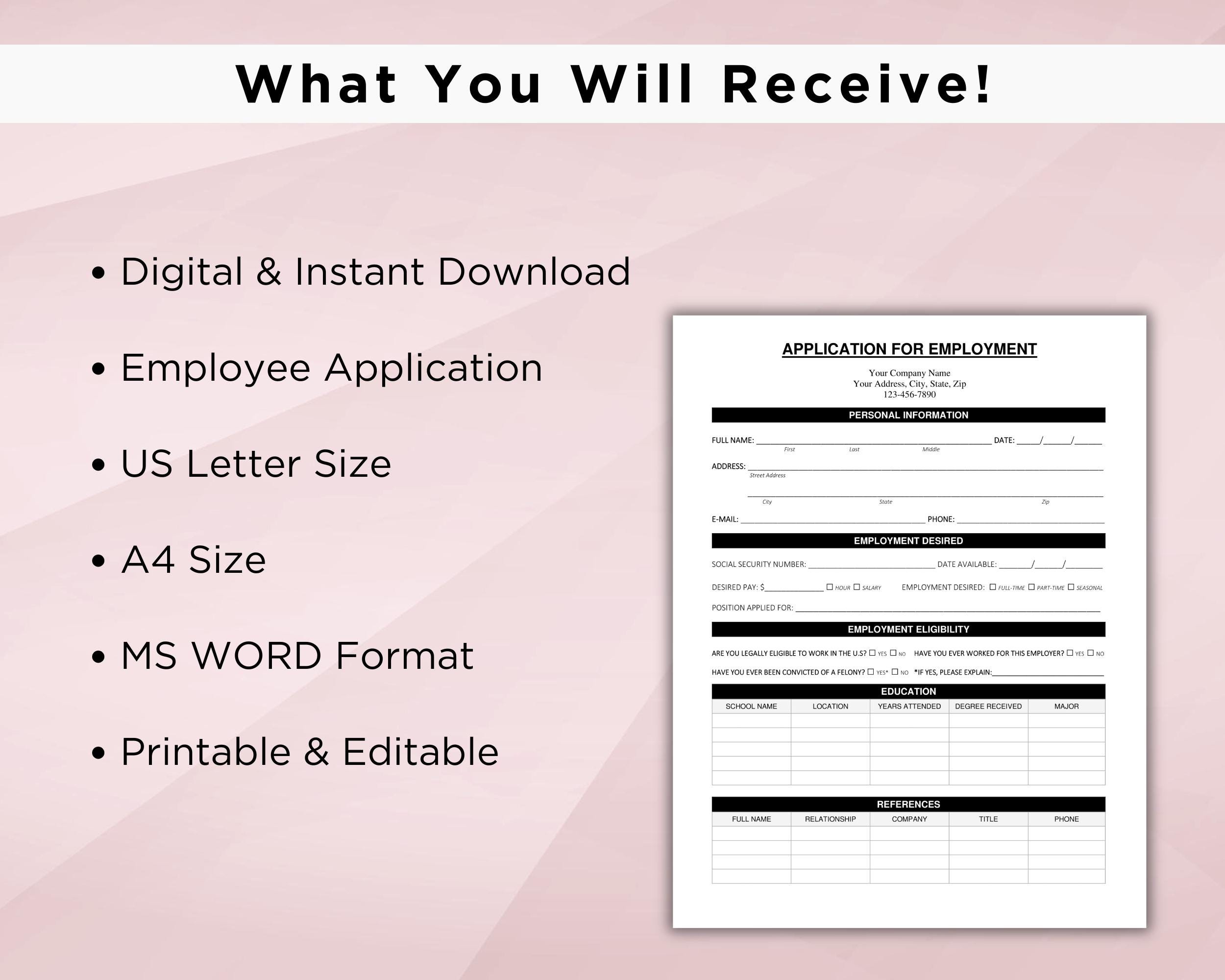 Job Application Printable, Application for Employment, Employment Form ...