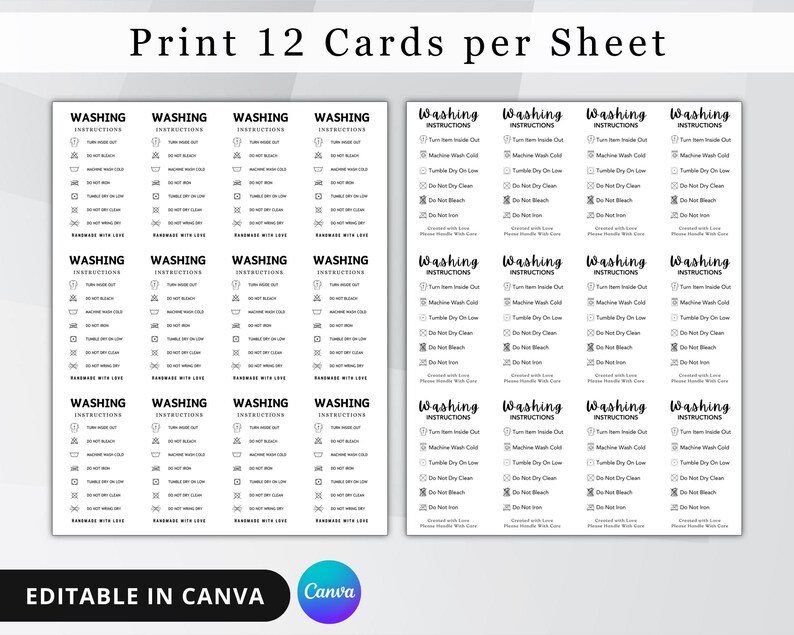 Editable Washing Instructions Card Template, Printable Clothing Care ...
