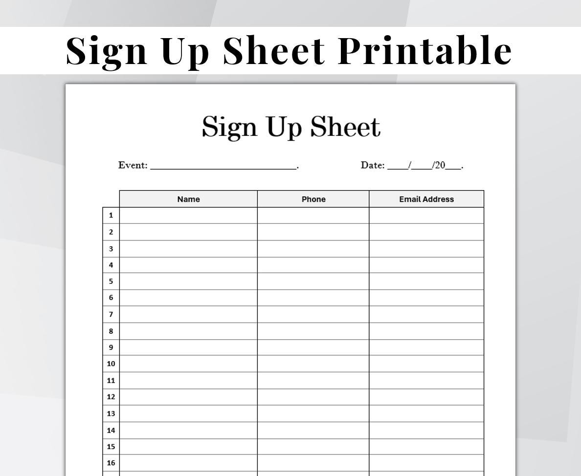 Editable Event Sign up Sheet Template | Printable Volunteer Form ...