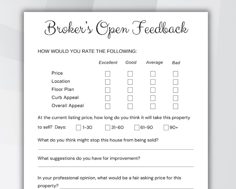 Broker Open Feedback Form Editable, Real Estate Agent Open House ...