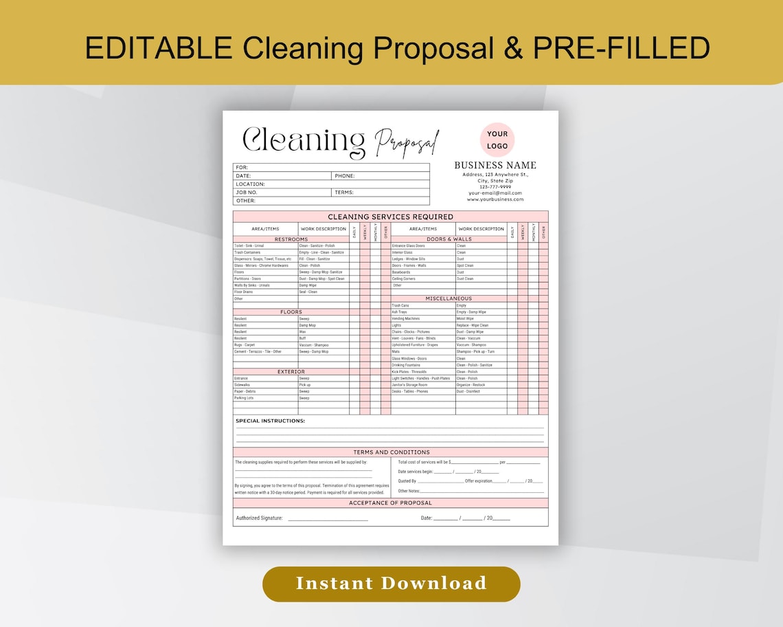 Cleaning Proposal Template Editable, Professional Cleaning Business ...