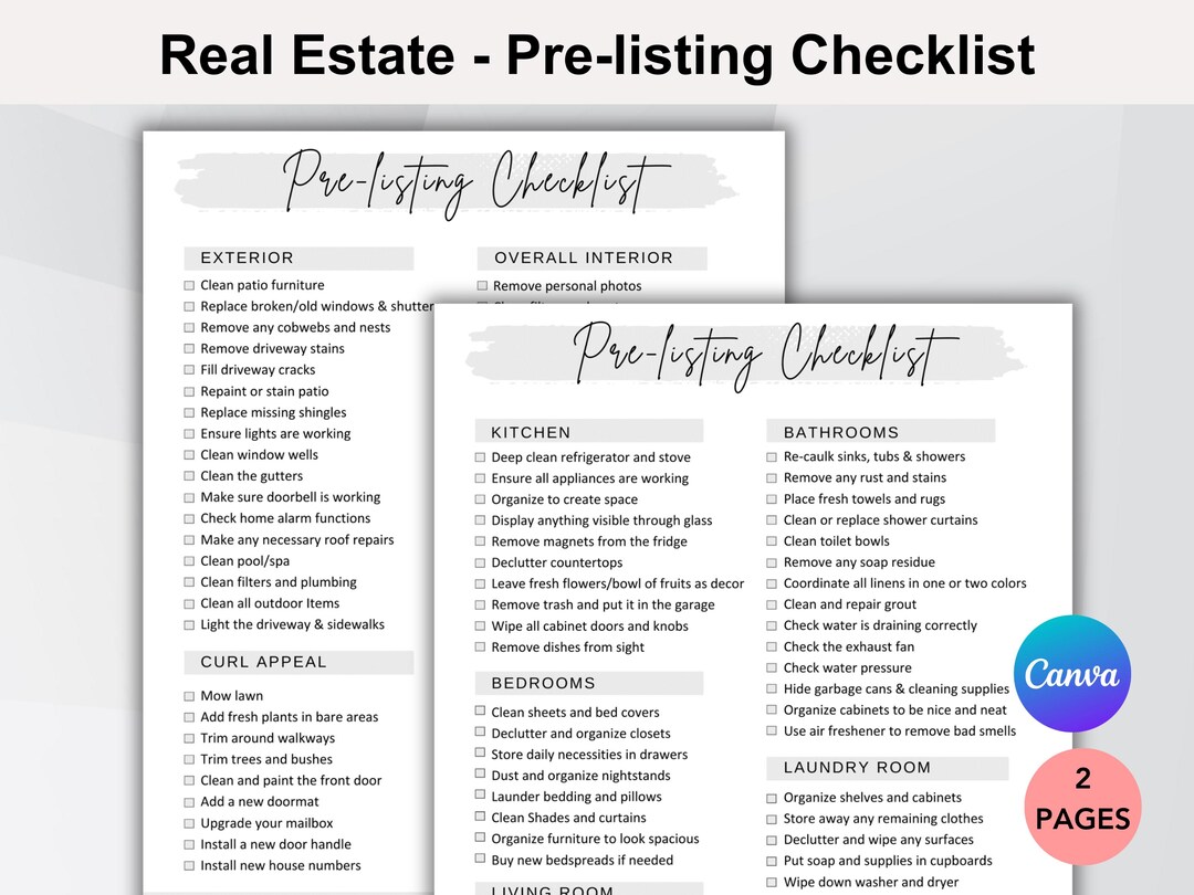 Editable Pre-listing Checklist Template, Home Seller Agent Checklist ...