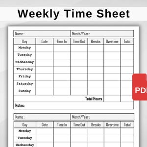 Weekly Time Sheet Log Printable, Employee Timesheet, Work Hours Tracker ...