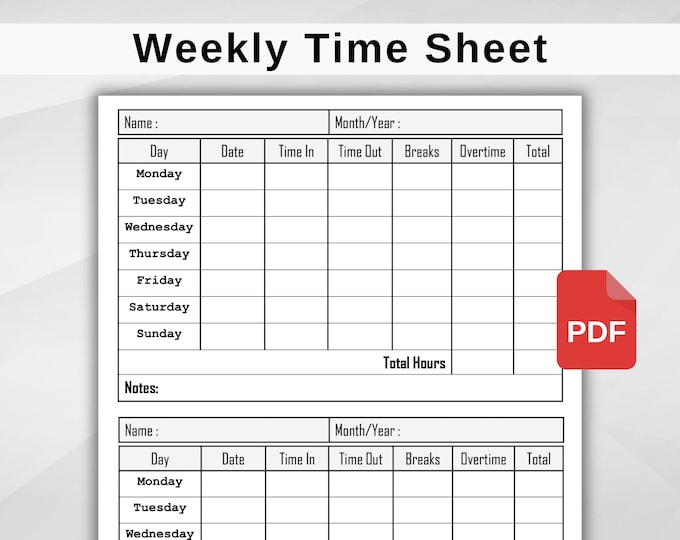 Weekly Time Sheet Log Printable, Employee Timesheet, Work Hours Tracker ...