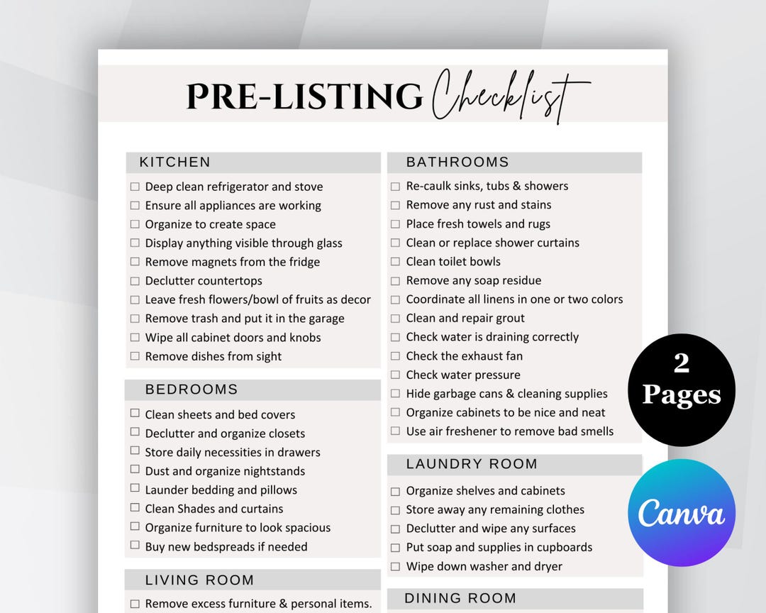 Pre-listing Checklist Template, Home Seller Agent Checklist, Real ...