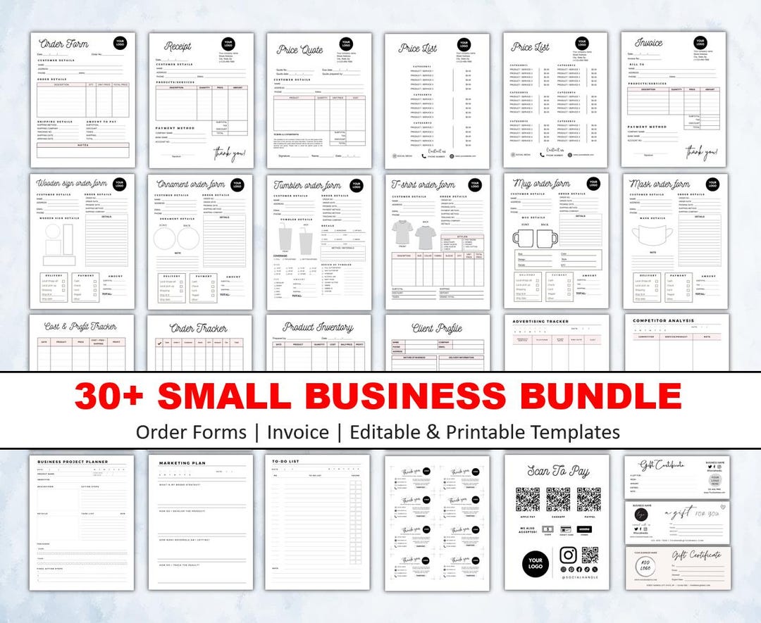 Printable Small Business Form, Editable Order Forms Bundle, Tshirt ...