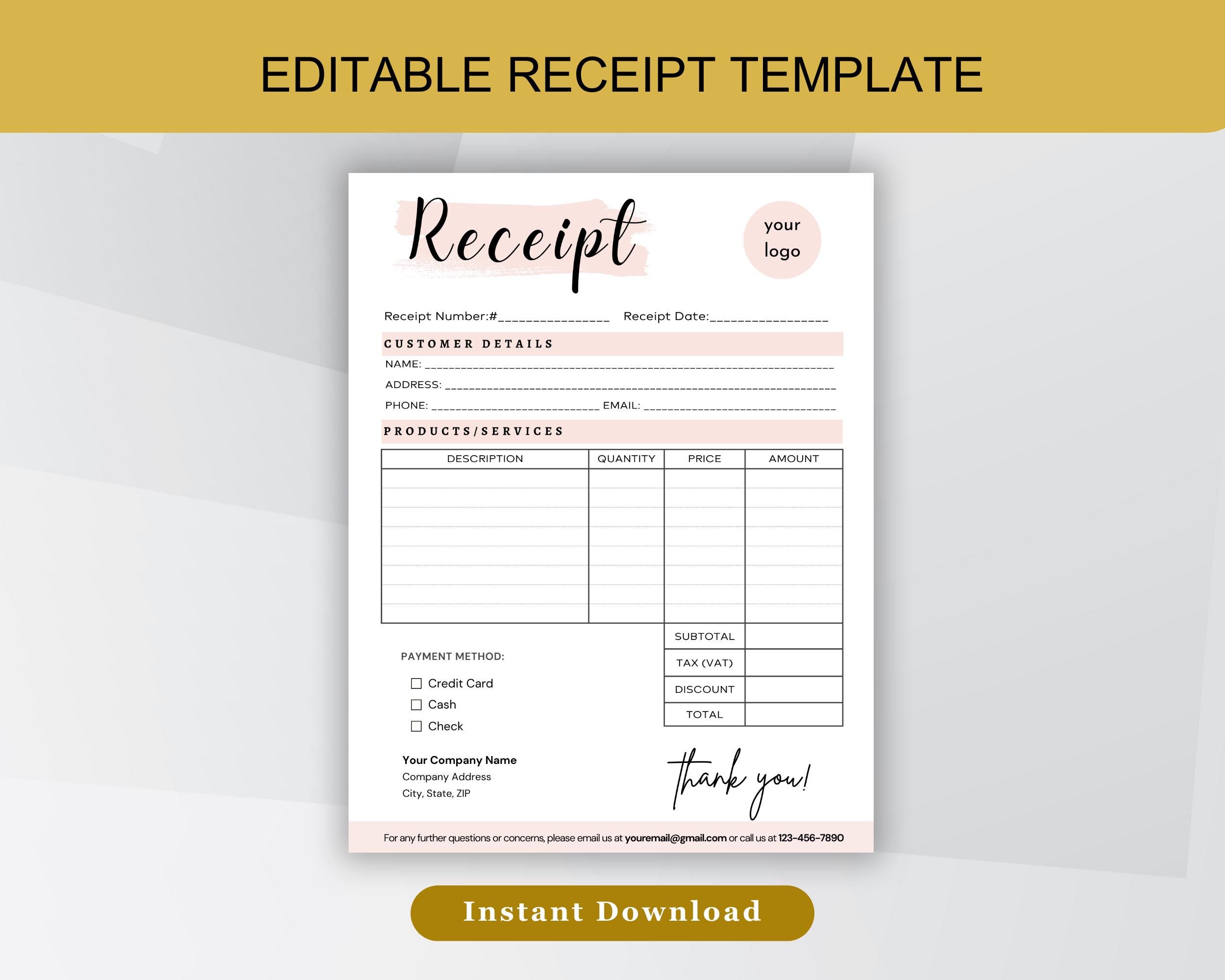 Receipt Template Printable, Editable Receipt Form for Small Business ...