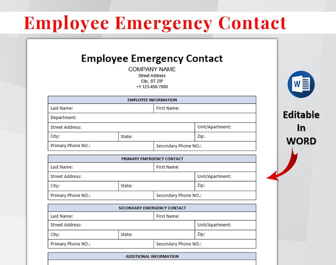 Employee Emergency Contact Form Template Editable, HR Staff Emergency ...