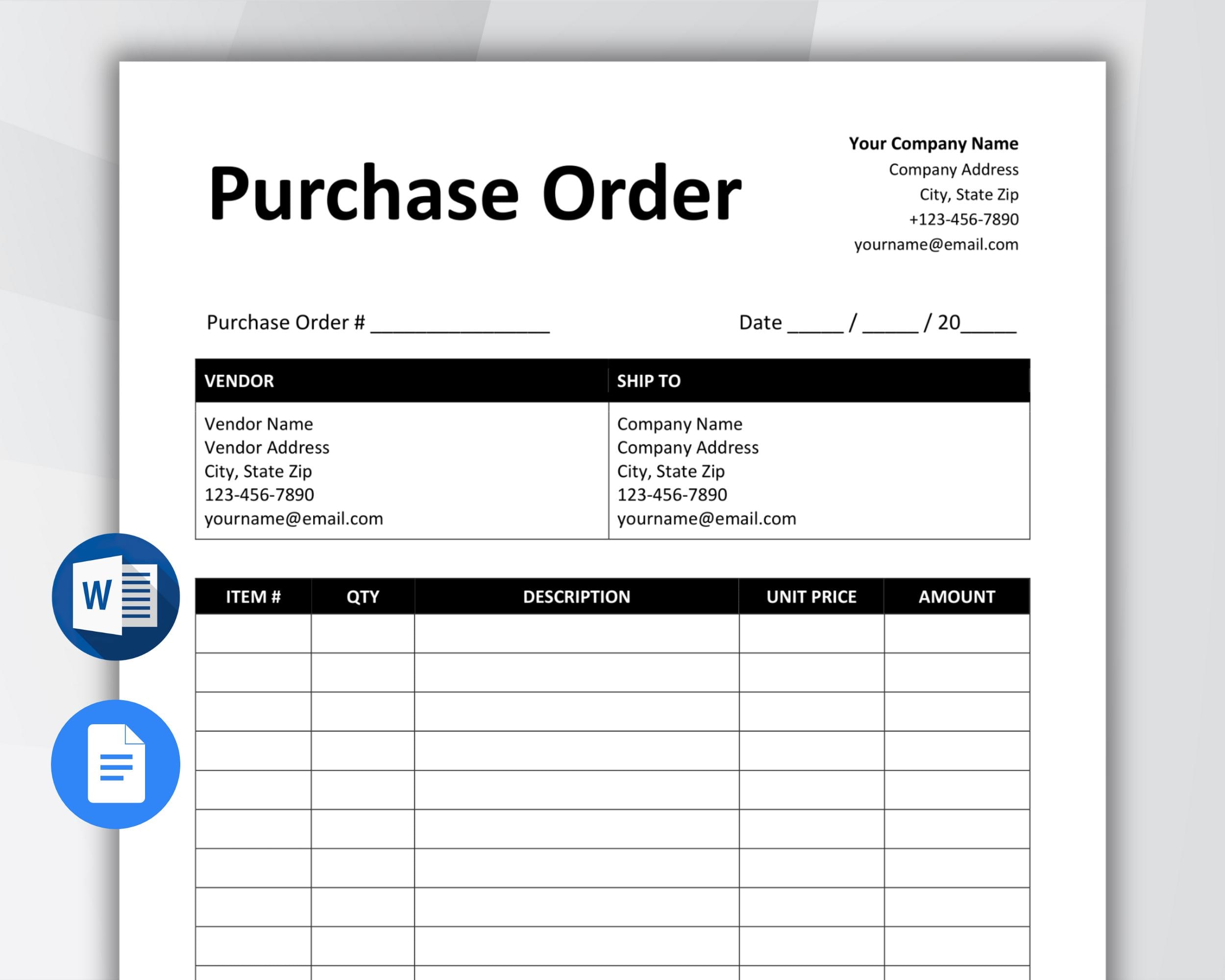 Purchase Order Template Editable, Purchase Order Form, Printable Order ...