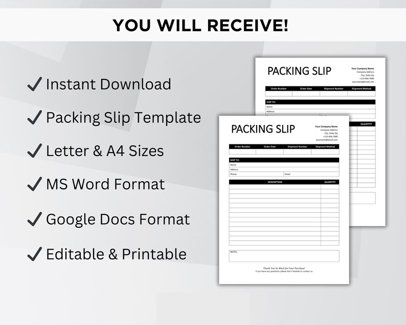 Packing Slip Template Editable, Printable Packing List for Small ...