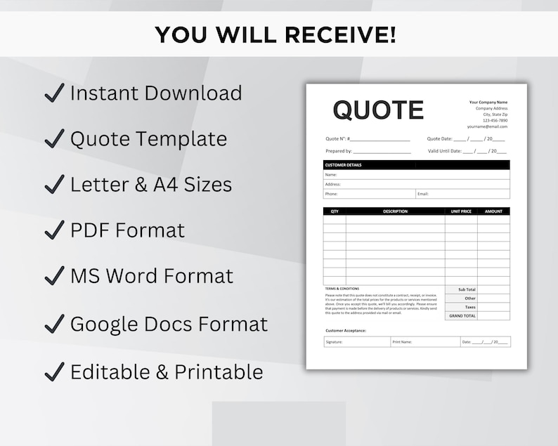 Quote Template Printable, Editable Quote Form Small Business, Job Quote ...