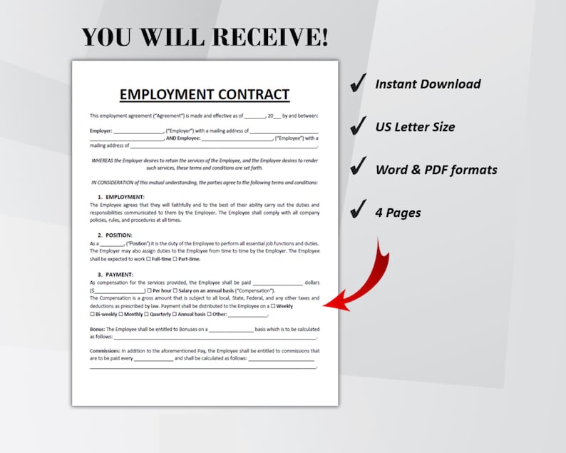 Employment Contract Agreement Template Printable, Employee Service ...