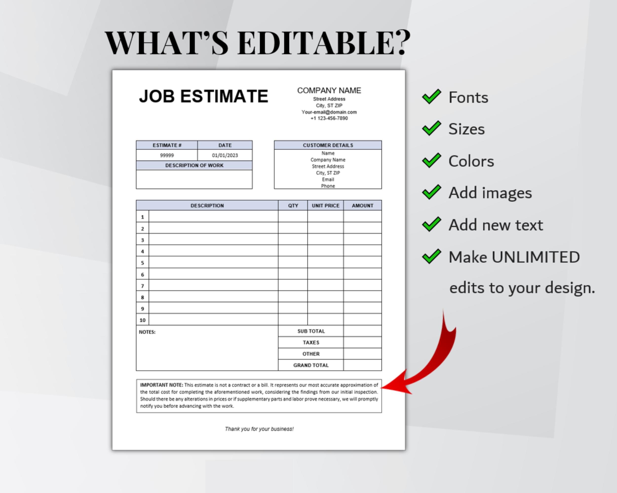 Simple Job Estimate Template for Small Business, Printable Estimate ...