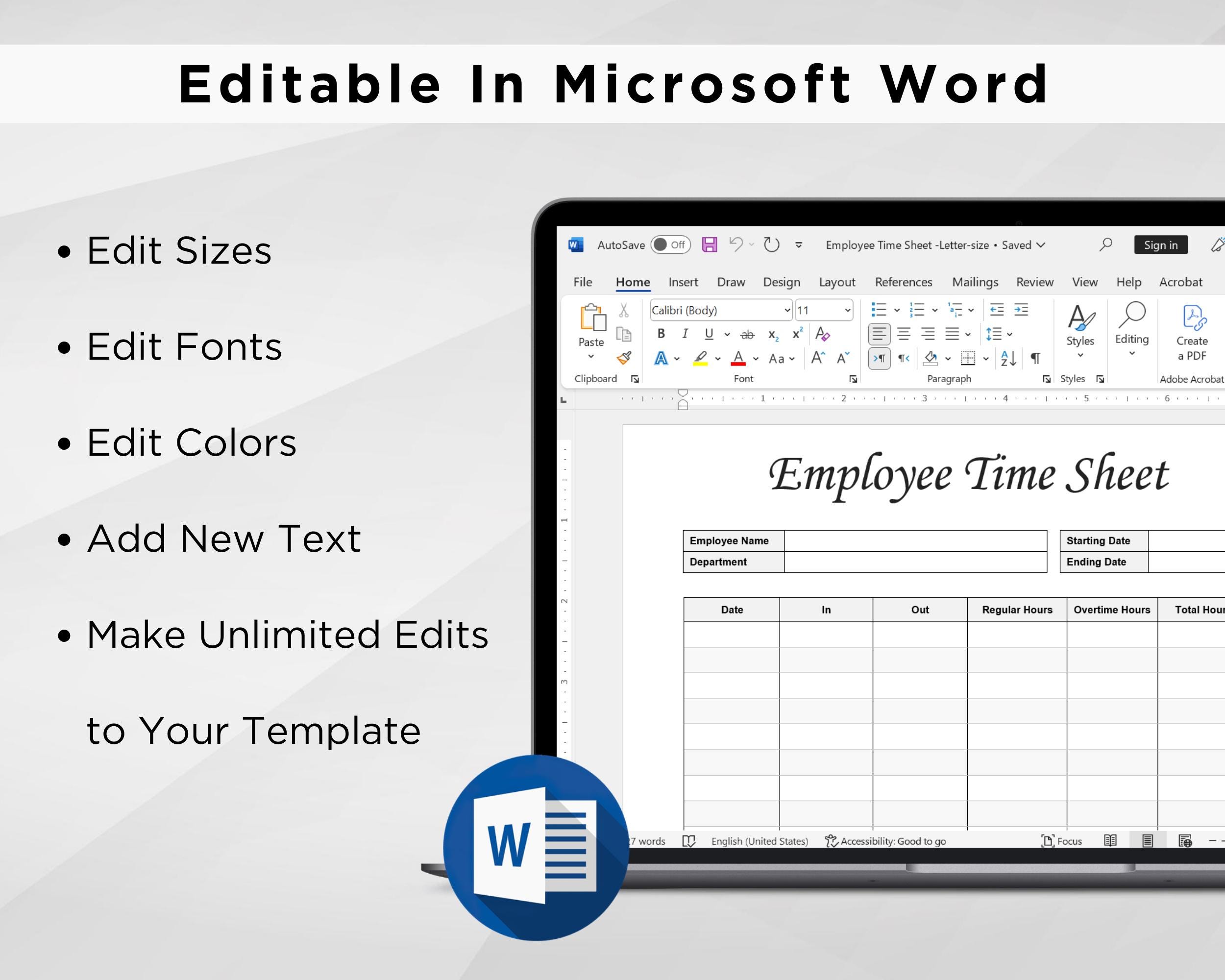 Employee Time Sheet Printable, Editable Timesheet & Timecard, Staff ...