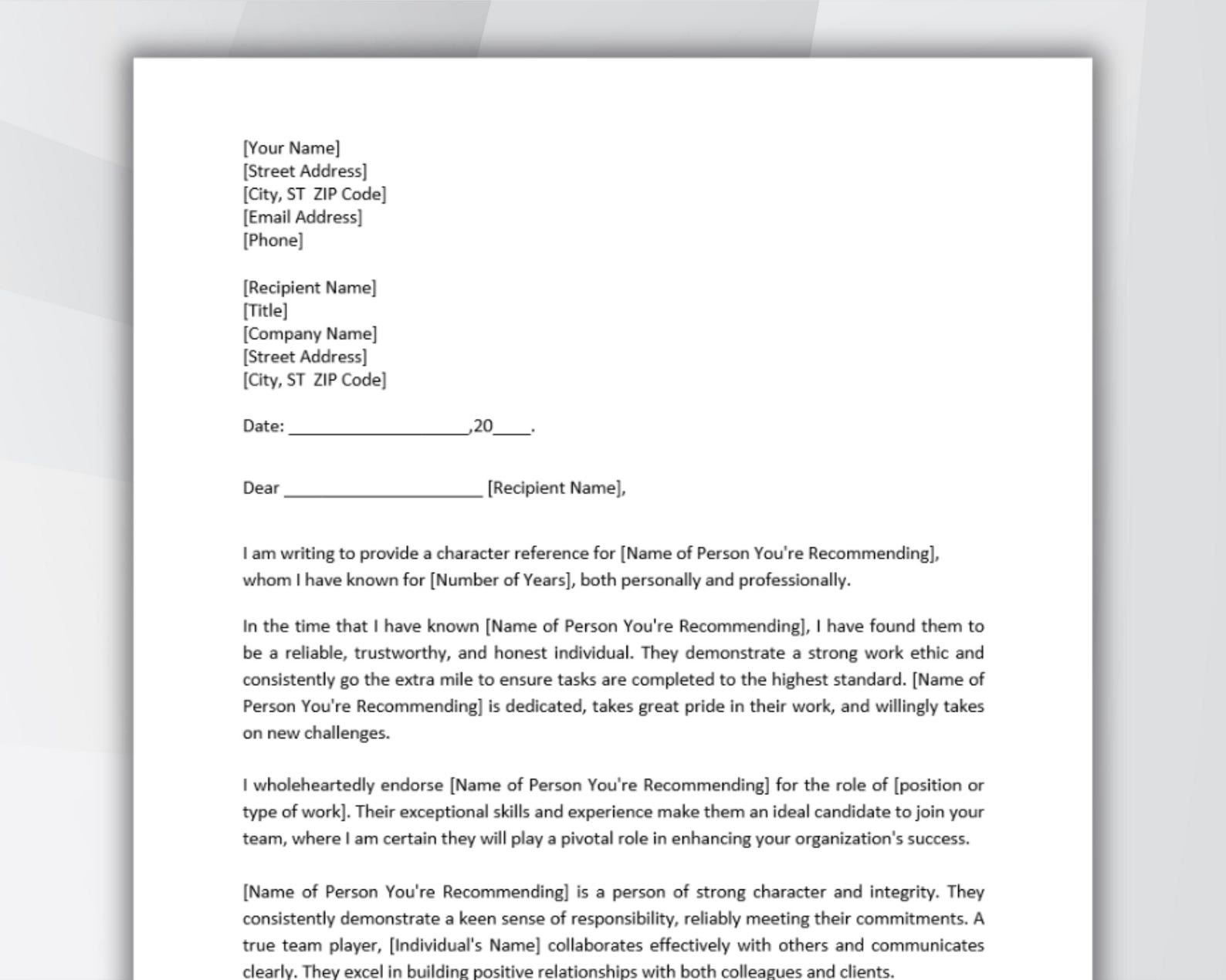 Character Reference Letter Template Printable, Professional ...