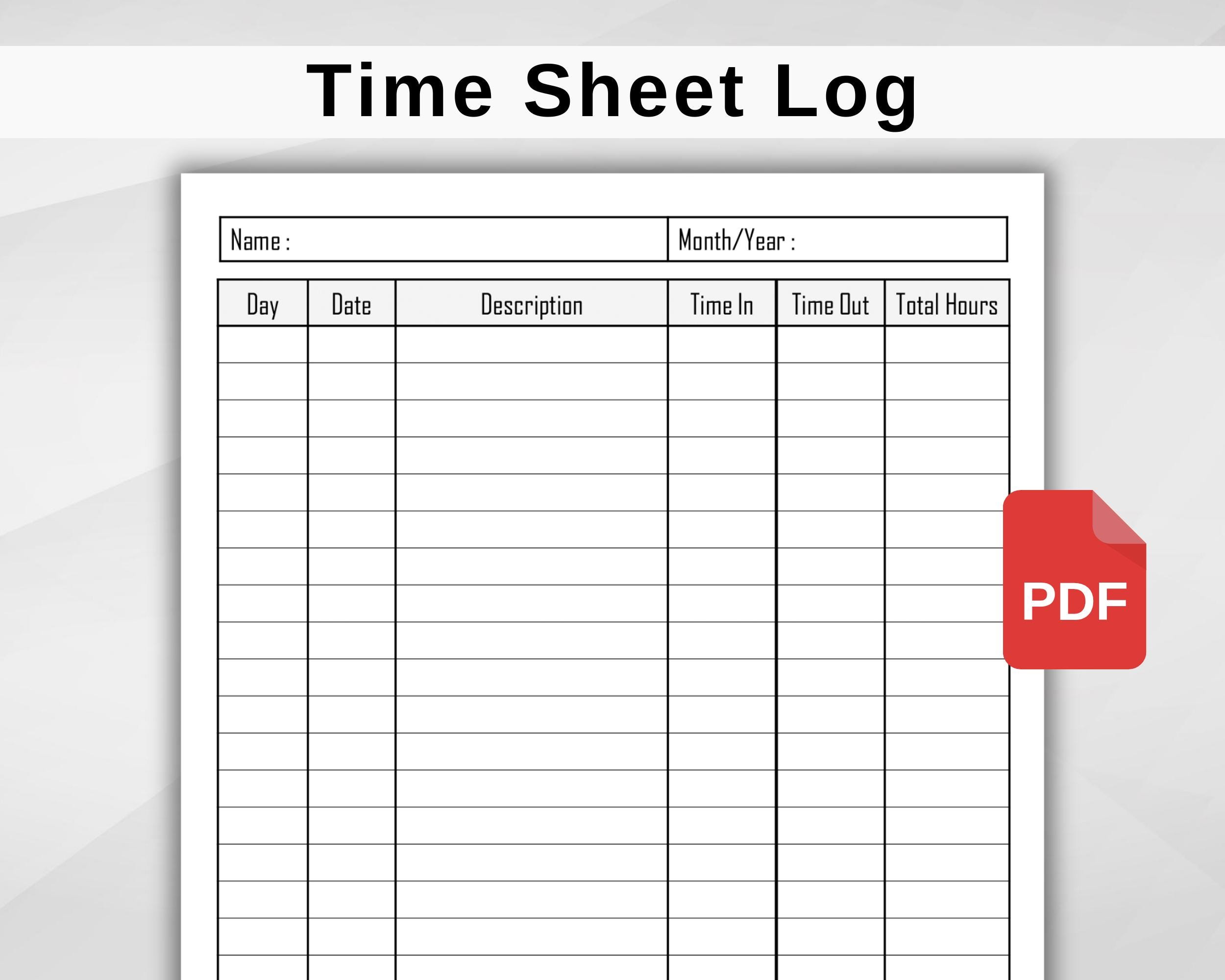 Time Sheet Log Printable | Employee Timesheet Template | Work Hours ...
