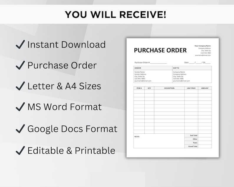 Printable Purchase Order Template, Editable Purchase Order Form, Order ...