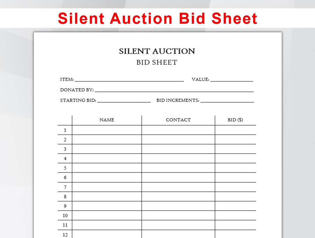 Editable Silent Auction Bid Sheet, Silent Auction Sign up Sheet ...