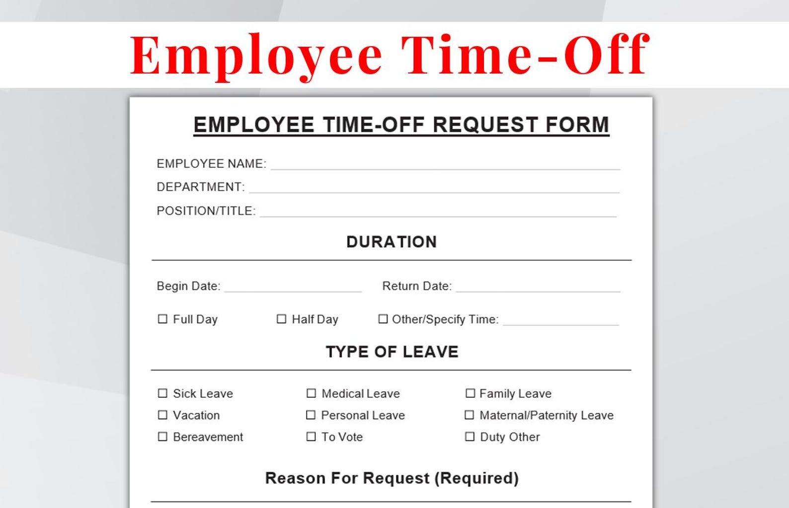Employee Time-off Request Template Editable, PTO Request Form, Vacation ...