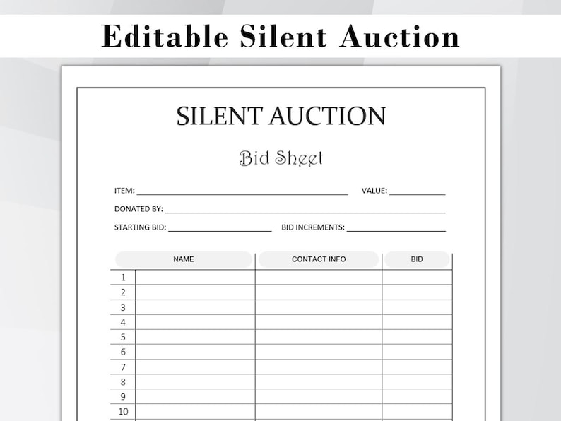 Silent Auction Sign up Sheet, Silent Auction Bid Sheet Template ...