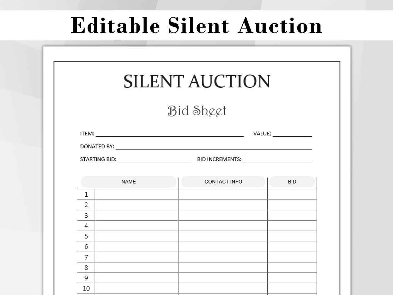Silent Auction Sign up Sheet, Silent Auction Bid Sheet Template ...