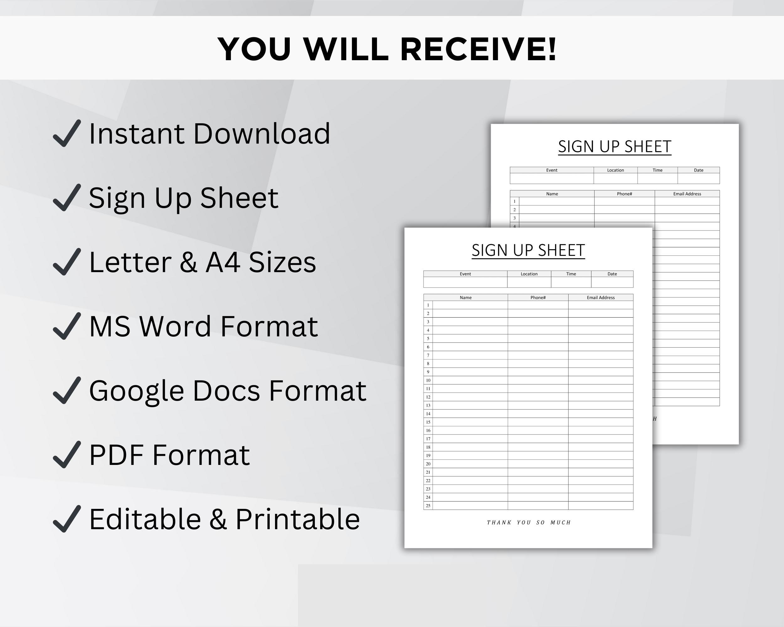 Sign up Sheet Template Editable, Sign up Form, Printable Sign up ...