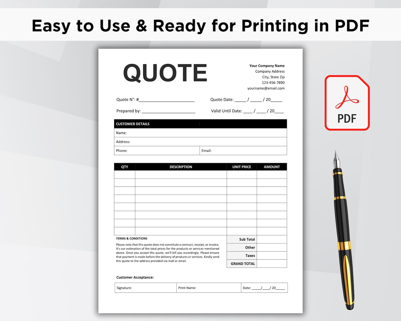 Quote Template Printable, Editable Quote Form Small Business, Job Quote ...