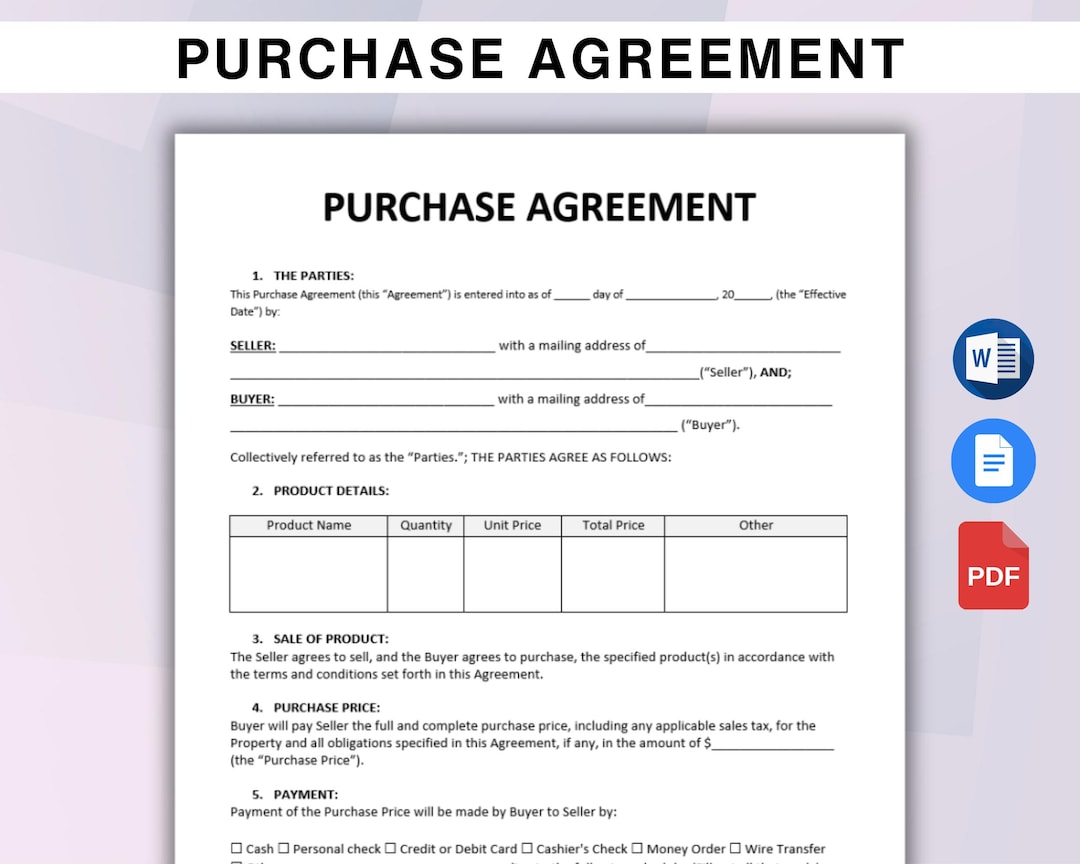 Purchase Agreement Template Printable, Editable Property Purchase ...