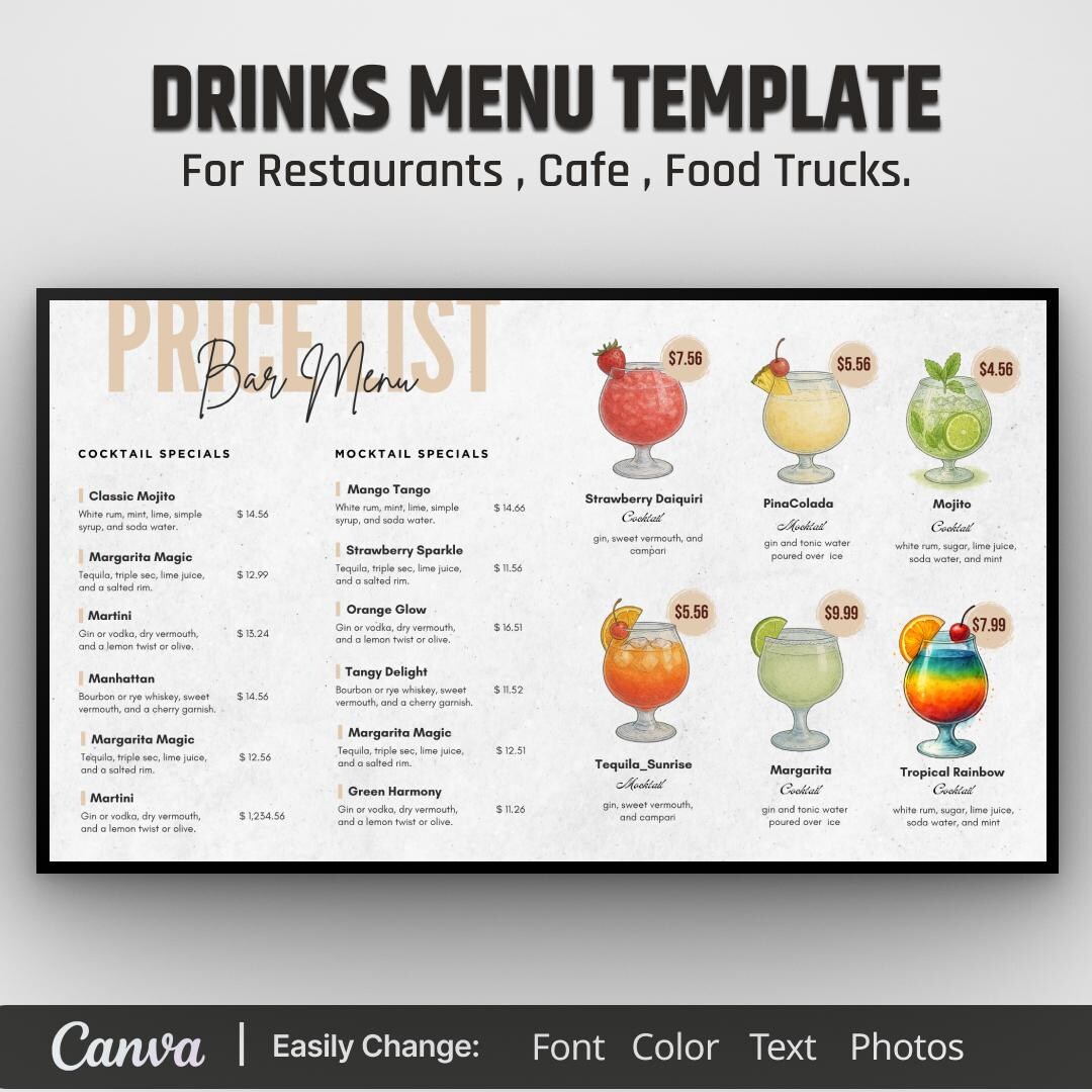 Editable Cocktail & Mocktail Menu Template: Animated Bar TV Menu (canva ...