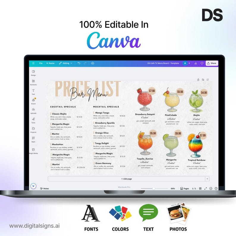 Editable Cocktail & Mocktail Menu Template: Animated Bar TV Menu (canva ...