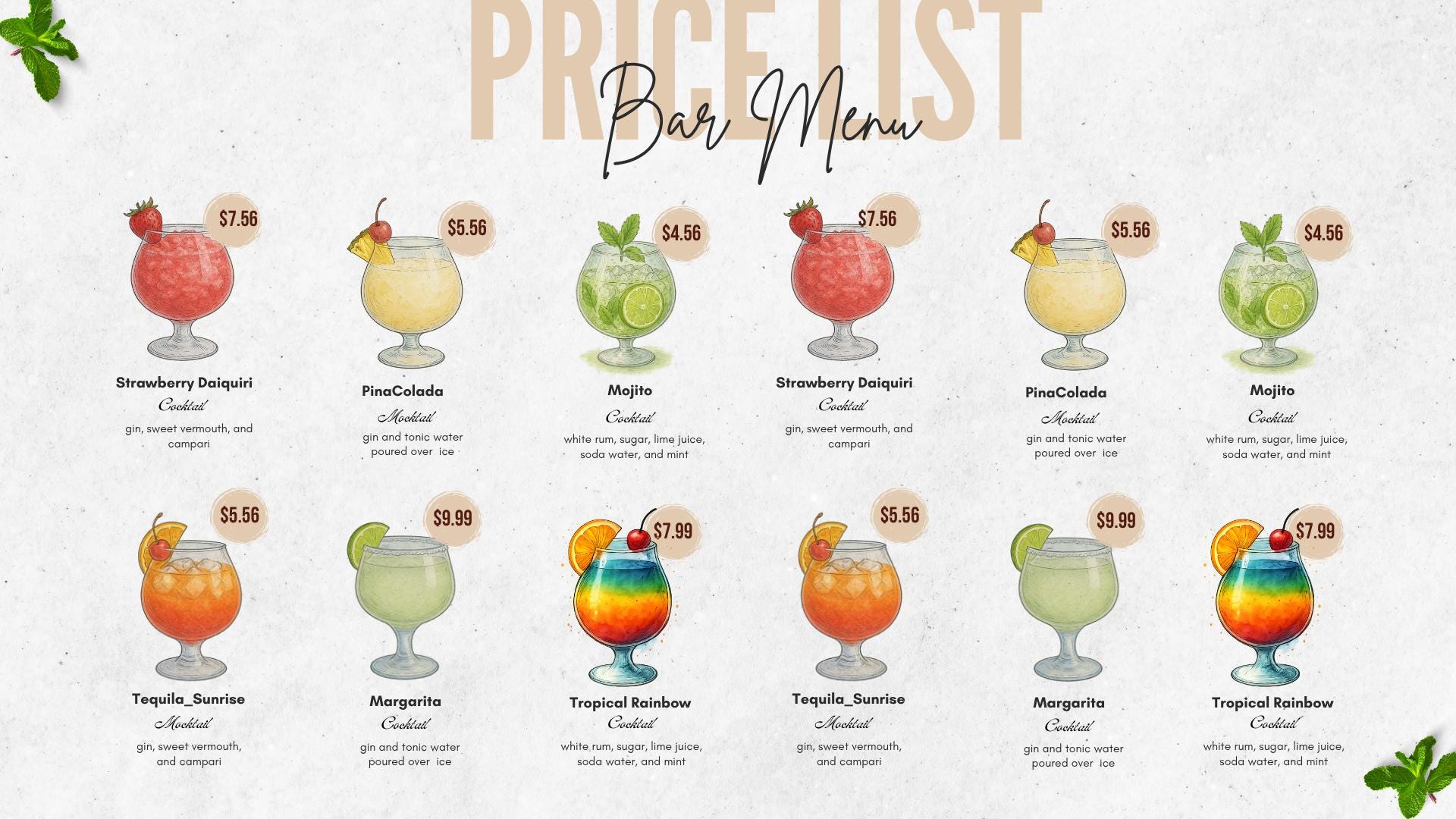 Editable Cocktail & Mocktail Menu Template: Animated Bar TV Menu (canva ...