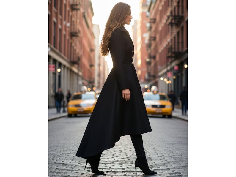 Elegant Black High-low Cotton Coat for Women | Long Tail Vintage Winter ...