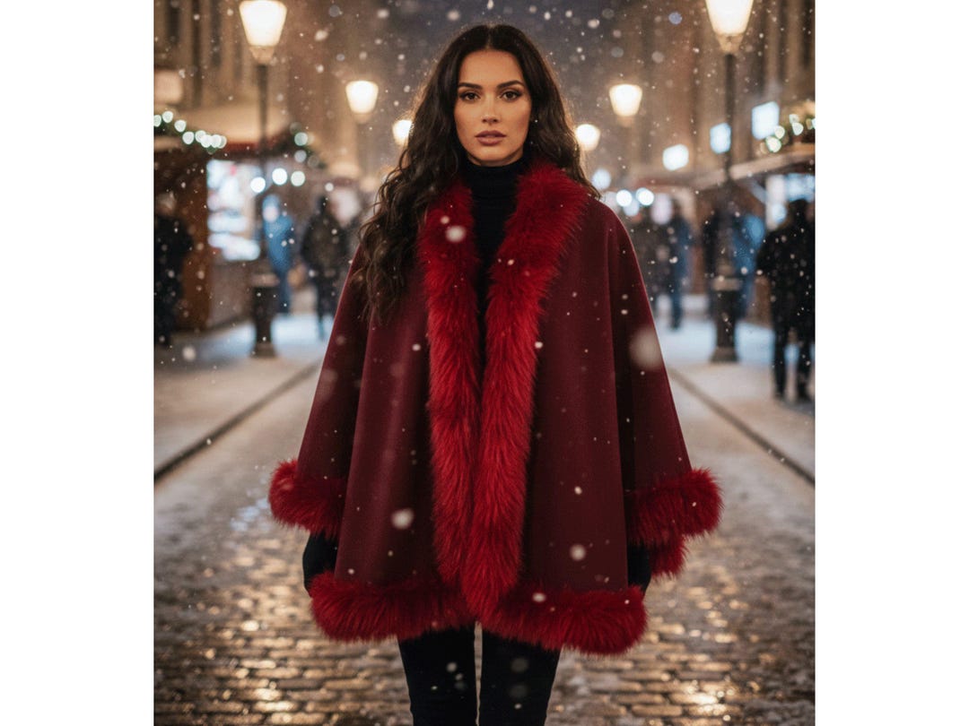 Red Wool Cape Coat With Faux Fur Trim | Elegant Winter Cloak for Women ...