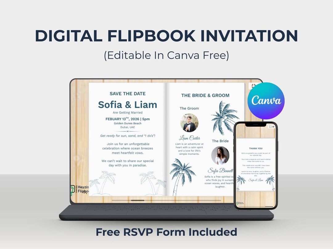 Teal Blue & Ivory Wedding Flipbook Invitation, Editable Canva Ebook ...