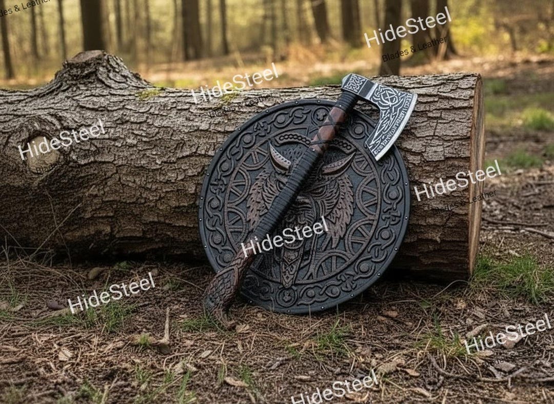 Handcrafted Viking Axe & Shield Set | Fenrir Norse Wolf Design - Etsy