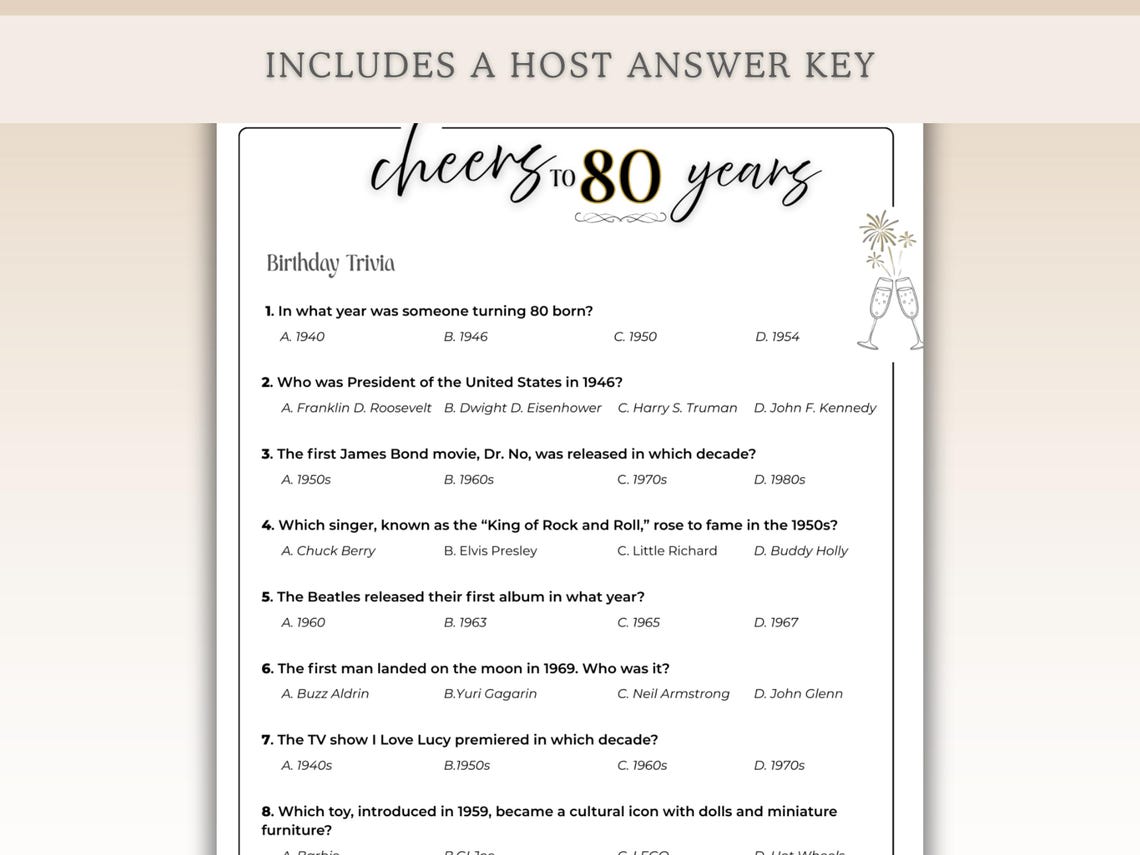 Cheers to 80 Years Birthday Trivia Game, 80th Birthday Party Printable ...