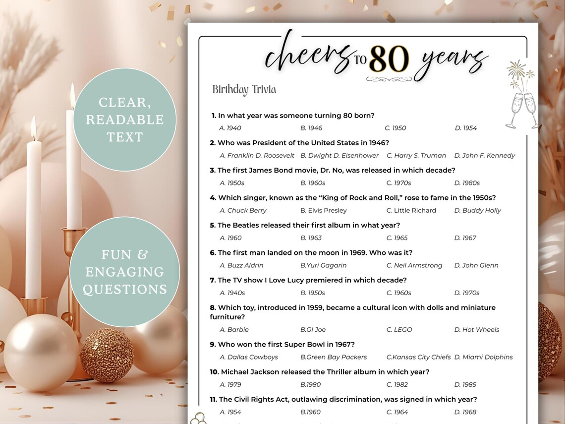 Cheers to 80 Years Birthday Trivia Game, 80th Birthday Party Printable ...