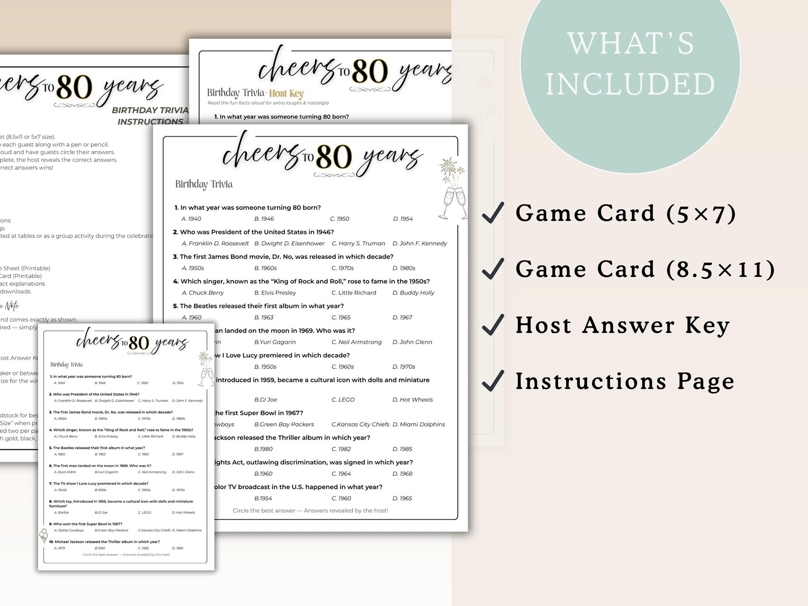 Cheers to 80 Years Birthday Trivia Game, 80th Birthday Party Printable ...