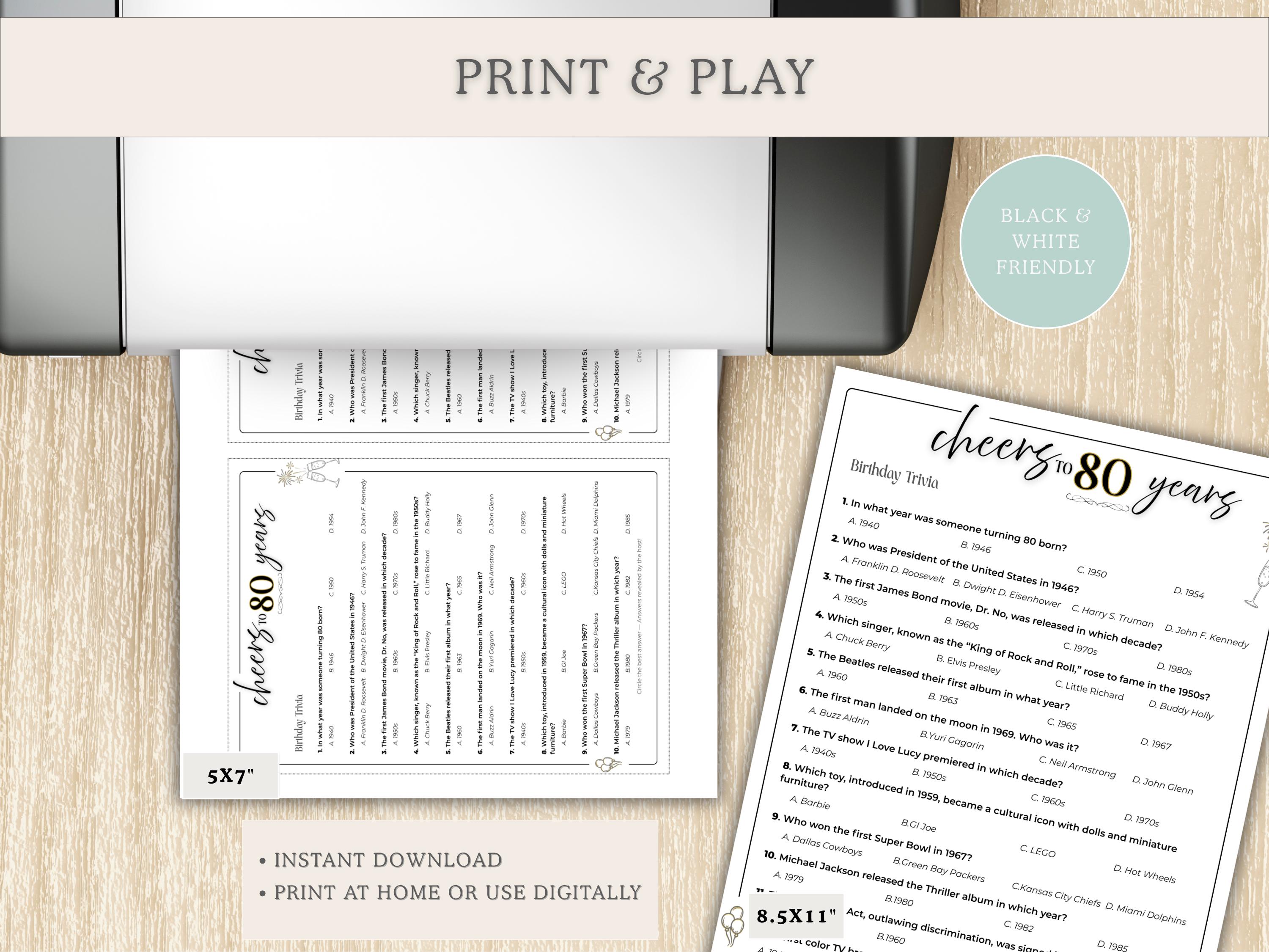 Cheers to 80 Years Birthday Trivia Game, 80th Birthday Party Printable ...