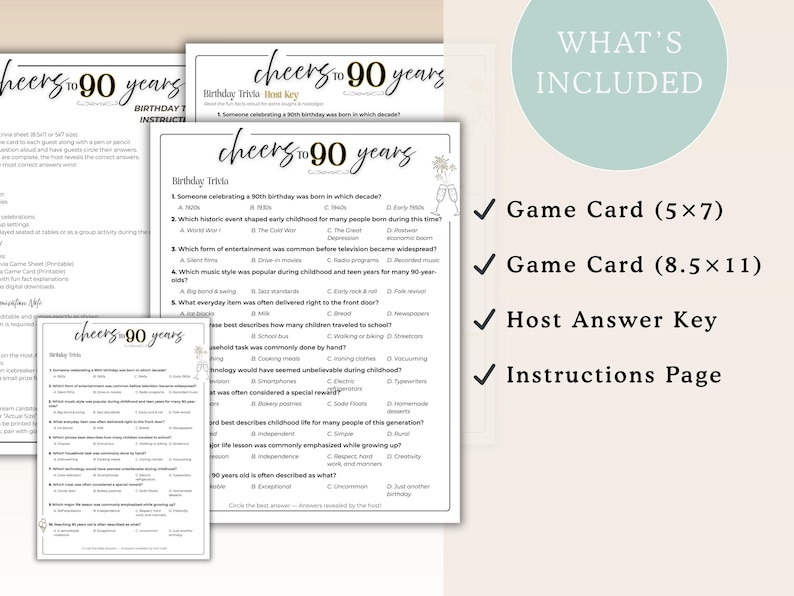 Cheers to 90 Years Birthday Trivia Game, 90th Birthday Party Printable ...