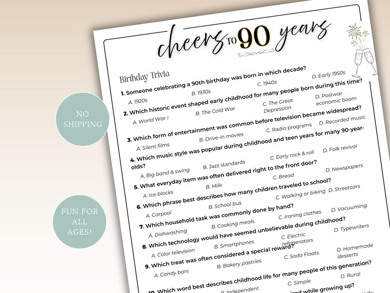 Cheers to 90 Years Birthday Trivia Game, 90th Birthday Party Printable ...