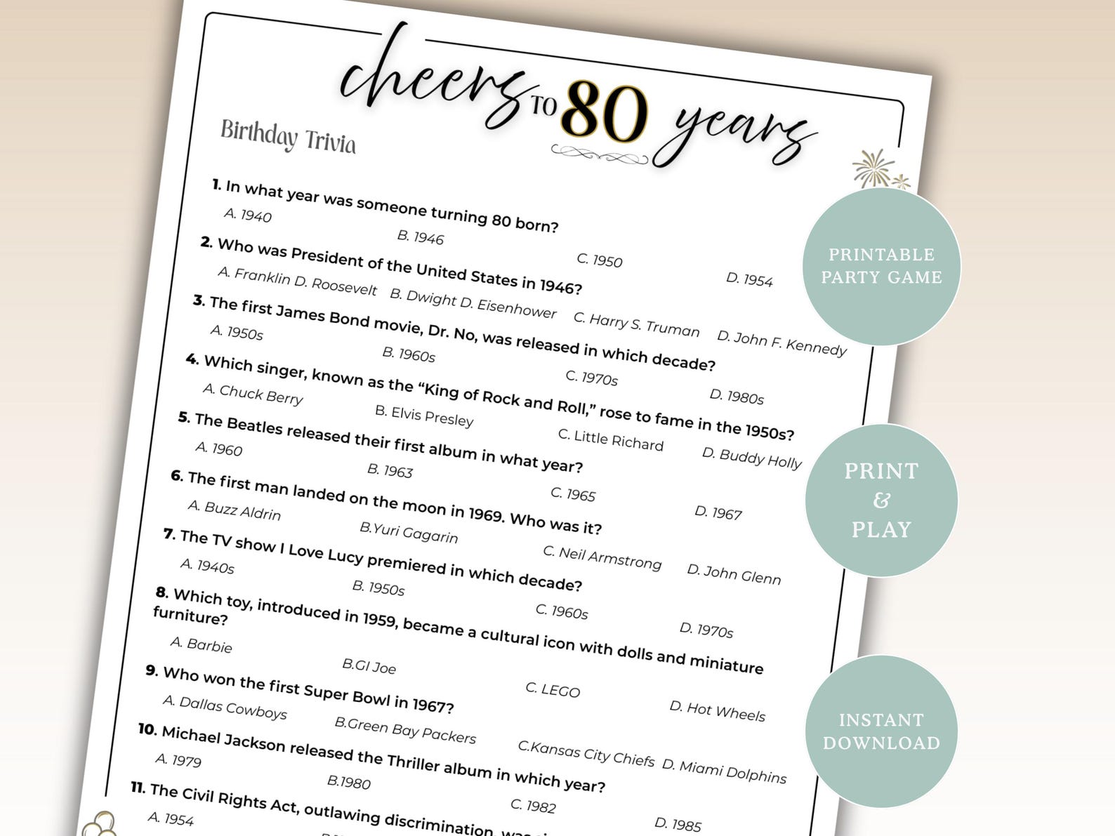 Cheers to 80 Years Birthday Trivia Game, 80th Birthday Party Printable ...