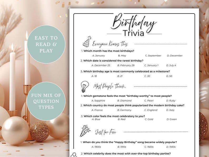 Birthday Trivia Game Printable for Adults & Families, Fun Birthday ...