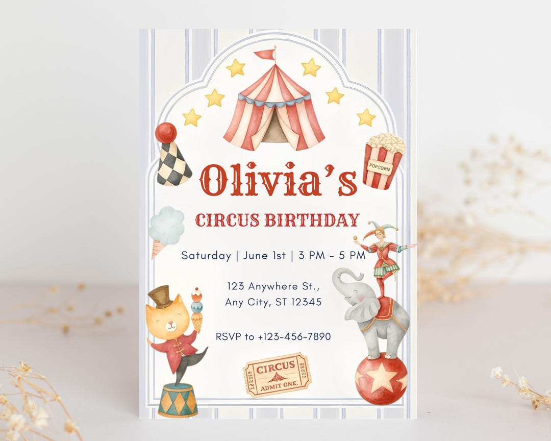 Editable Kids Birthday Invitation Template – Circus Theme Party Card ...