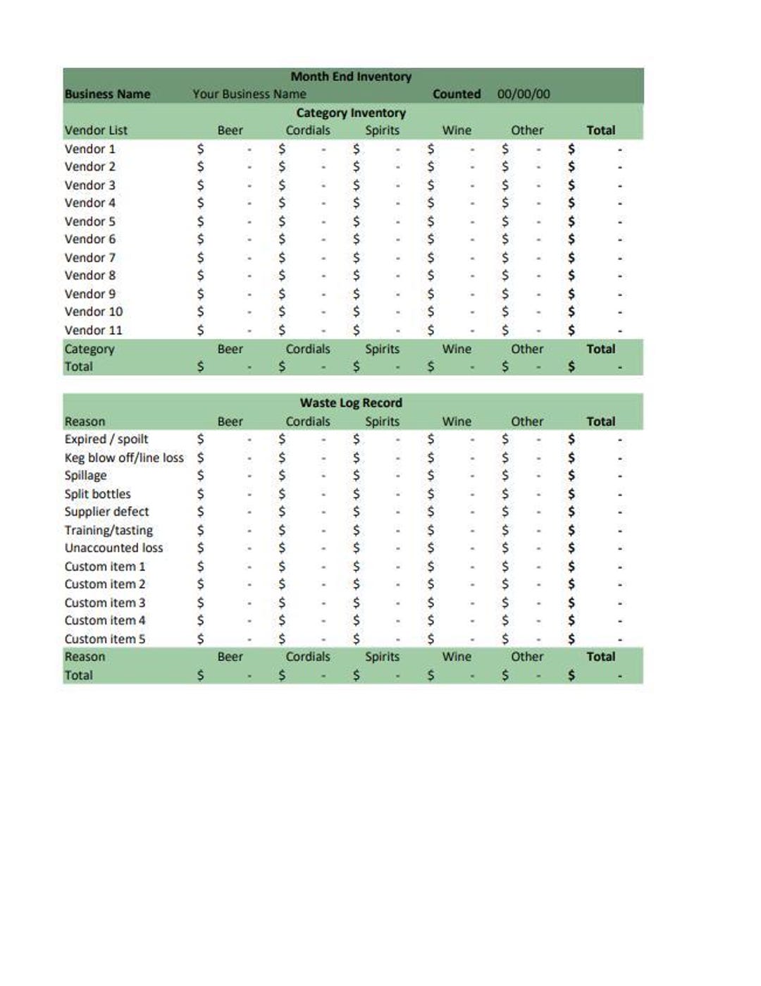 Bar Inventory & Waste Log Excel Template: Restaurant Management ...