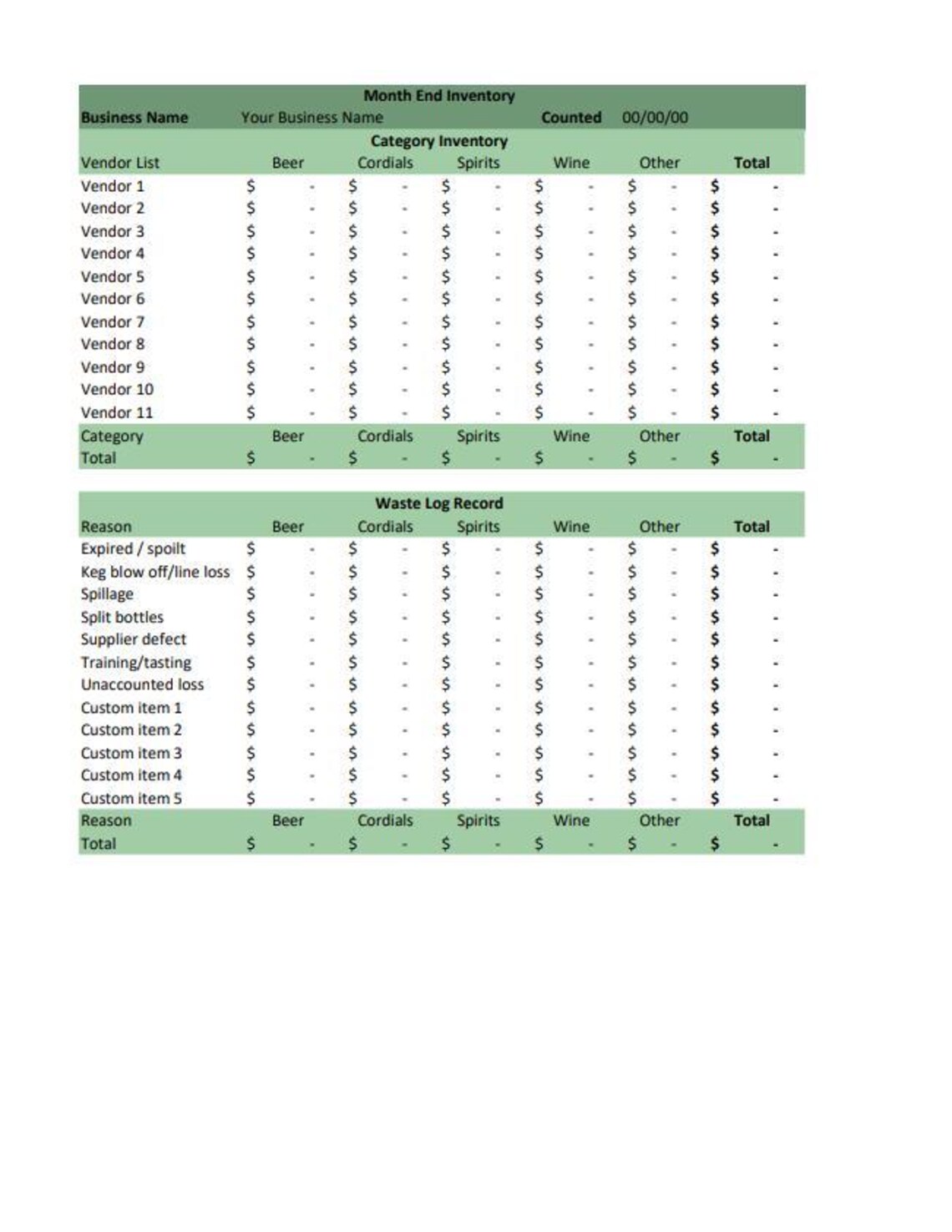 Bar Inventory & Waste Log Excel Template: Restaurant Management ...